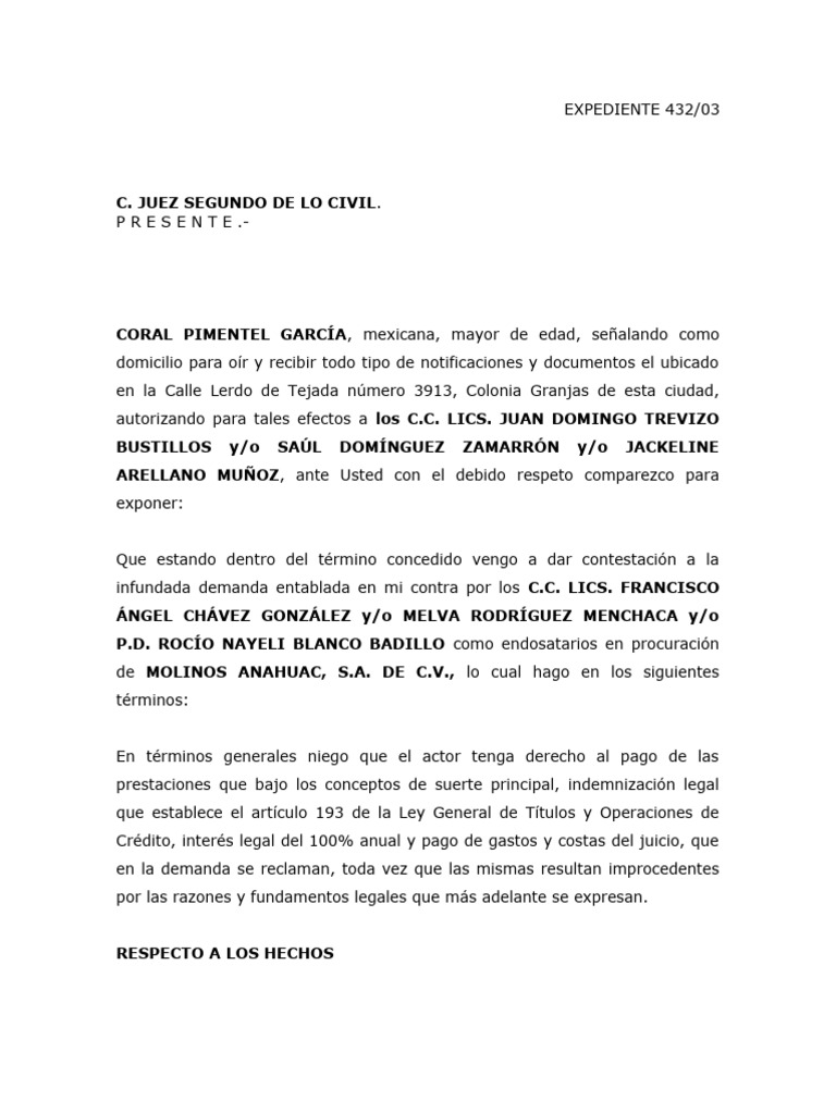 Contestación Coral Pimentel | PDF | Cheque
