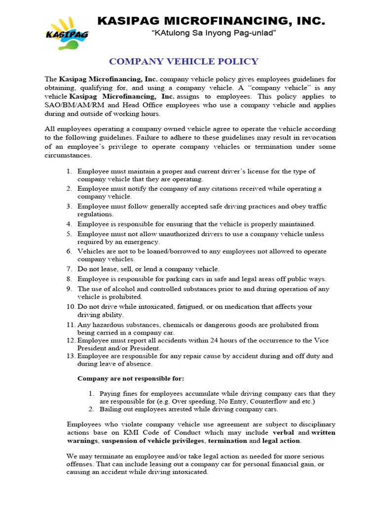 KMI Company Vehicle Use Agreement | PDF | License | Vehicles