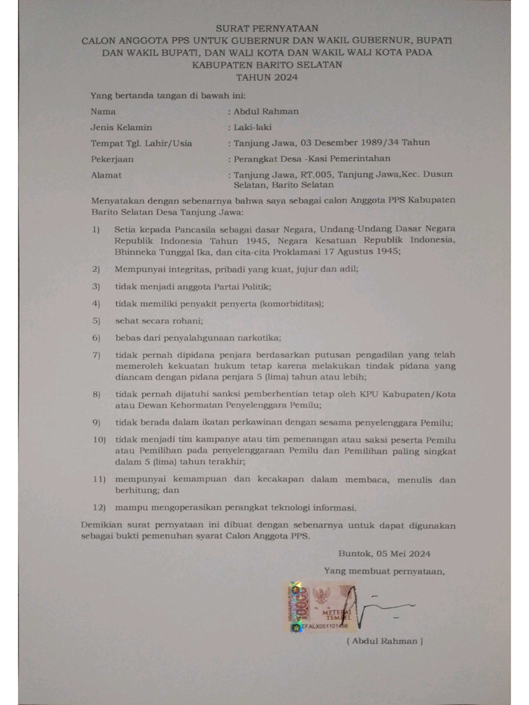 Surat Pernyataan Calon PPS | PDF