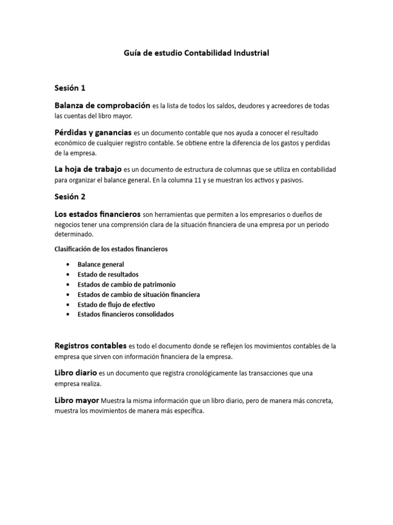 Guía de estudio Contabilidad Industrial Sesion 1 y 2 | PDF