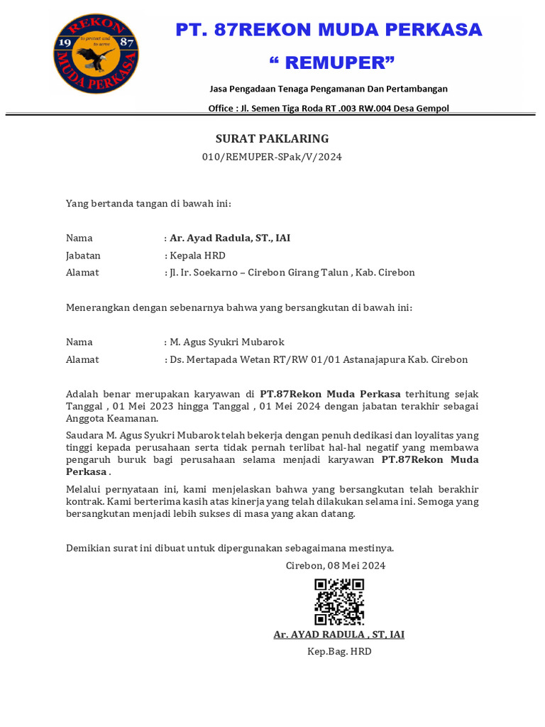 Surat Paklaring Karyawan PT. 87Rekon | PDF