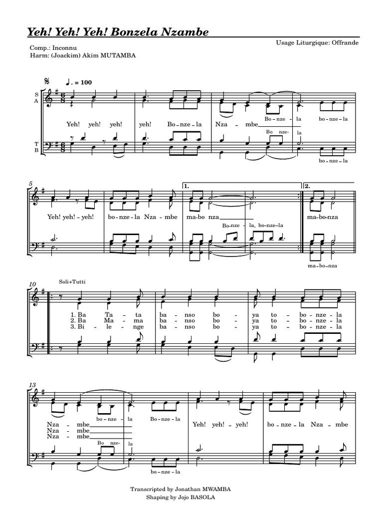 Yeh! Yeh! Yeh! Bonzela Nzambe - Inconnu - Arr. Akim MUTAMBA | PDF