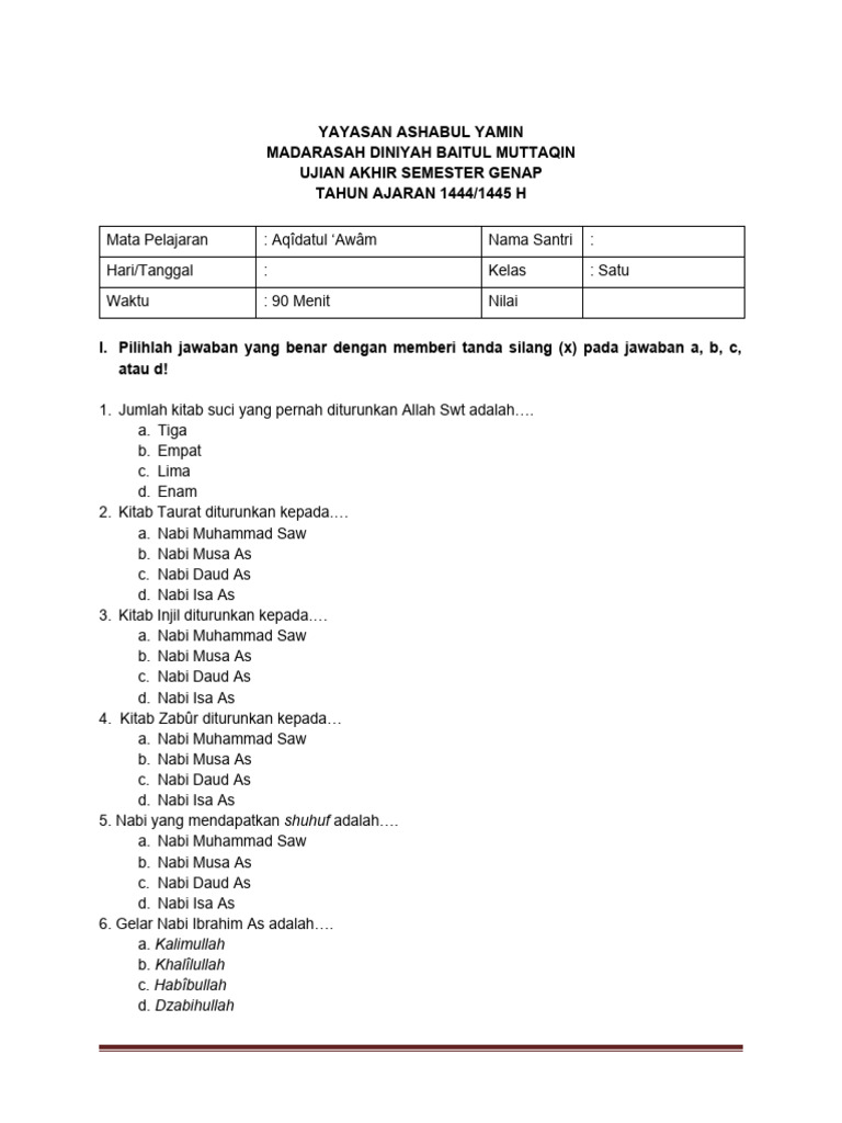 Soal PG Aqidatul Awam 2 | PDF
