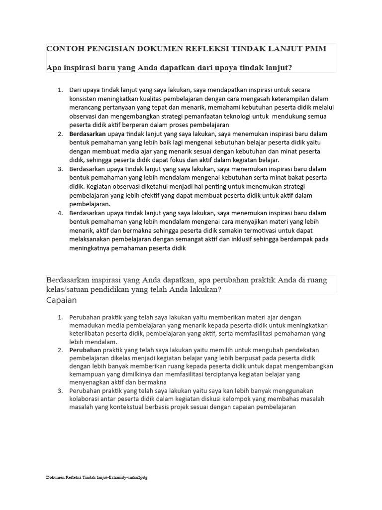 Contoh Pengisian Dokumen Refleksi Tindak Lanjut PMM | PDF