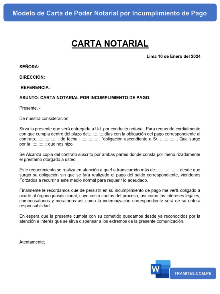 Modelo de Carta de Poder Notarial Por Incumplimiento de Pago | PDF ...