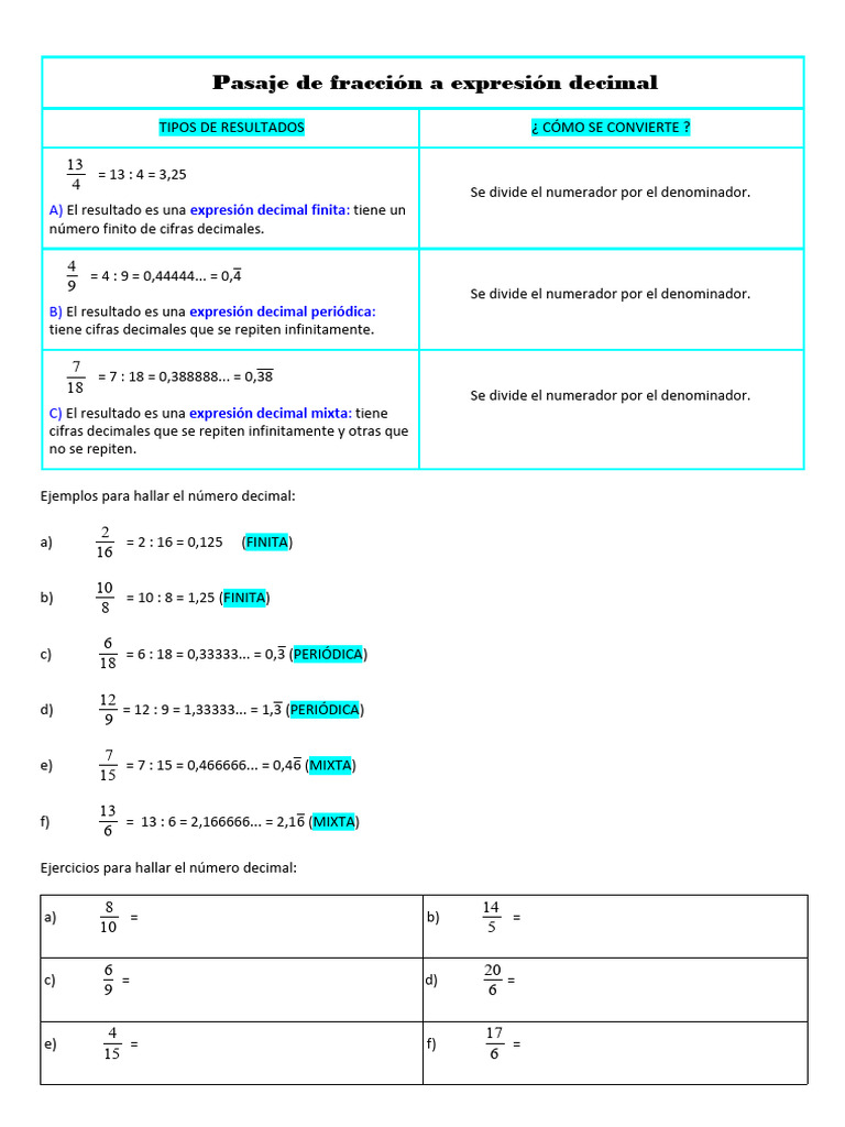 Clasificación de Expresiones Decimales | PDF | Objetos matemáticos ...