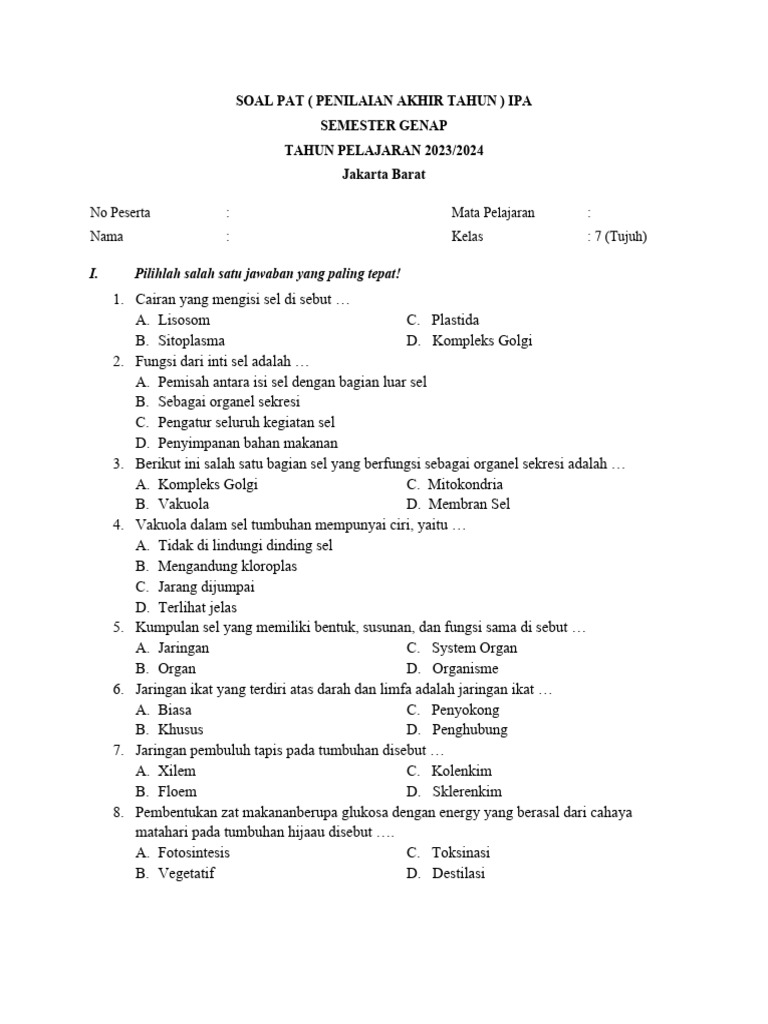 Soal Pat Ipa KLS 7 SMT 2 2023-2024 | PDF | Ilmu Sosial | Griya & Taman