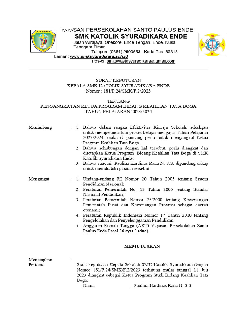 SK Ketua Program Stusi Tata Boga | PDF