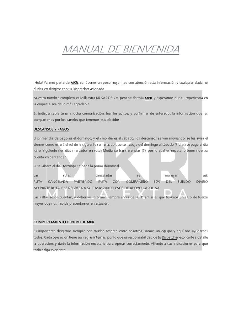Guía de Bienvenida para Empleados de MKR | PDF