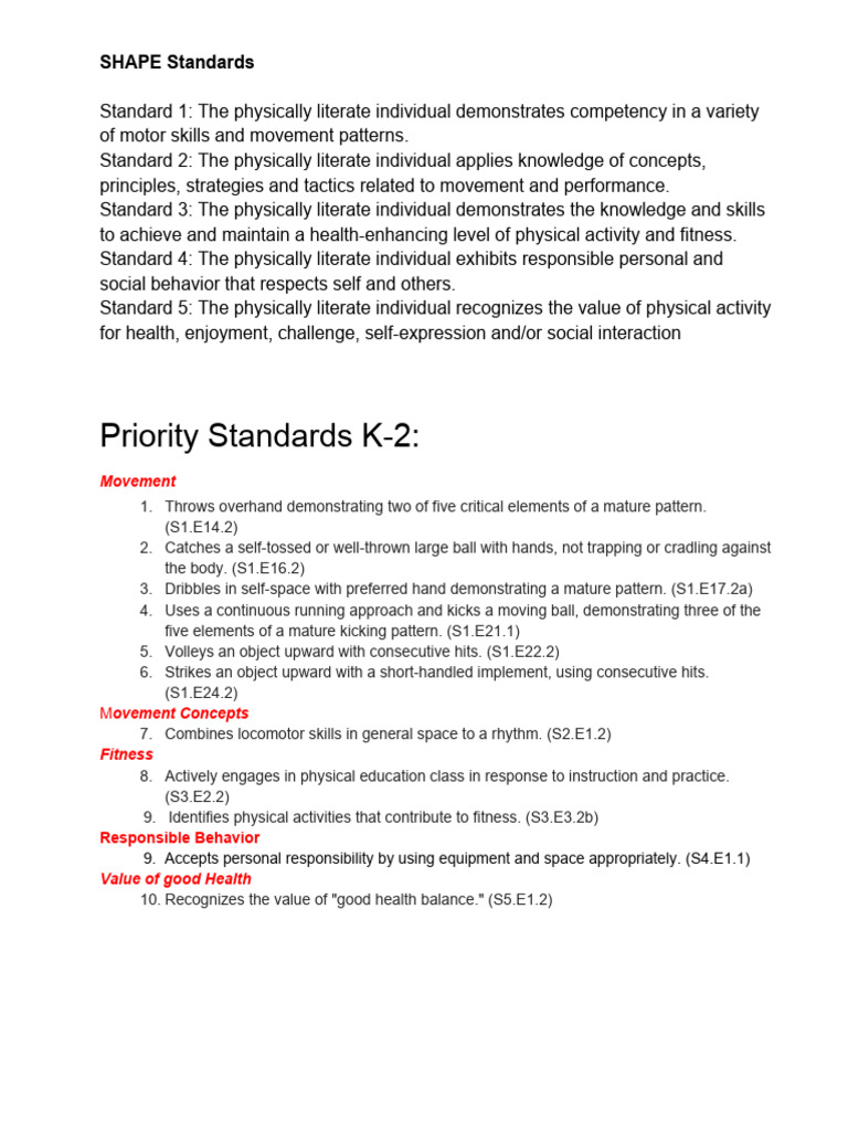 Priority Standards K-2 | PDF | Physical Fitness