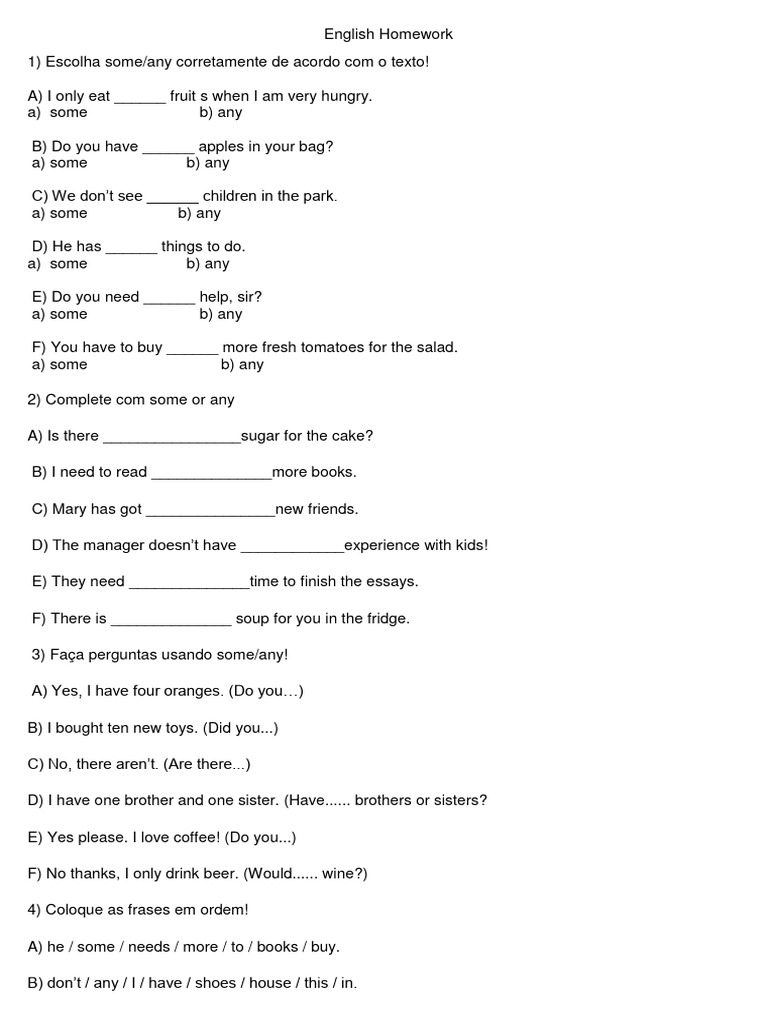 English Homework: Some/Any Practice | PDF | Language Arts & Discipline