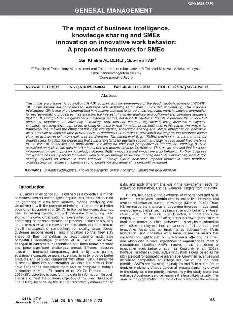 The Impact of Business Intelligence, Knowledge Sharing and SMEs Innovation On Innovative Work ...