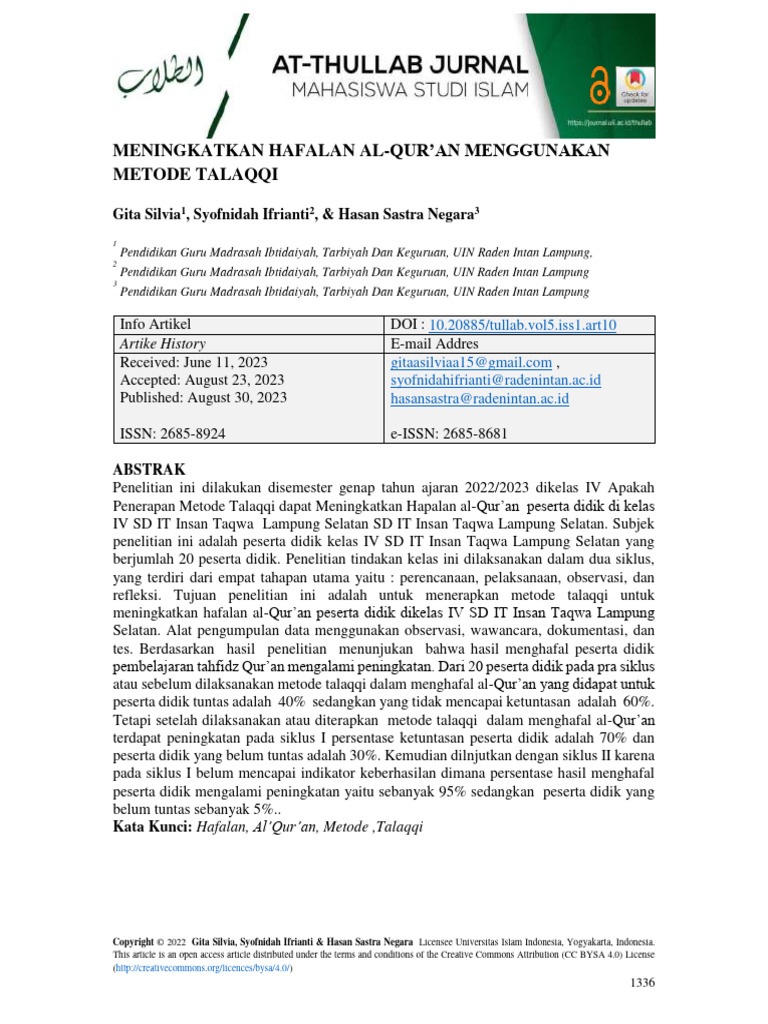 Meningkatkan Hafalan Al-Qur'An Menggunakan Metode Talaqqi: Gita Silvia, Syofnidah Ifrianti ...