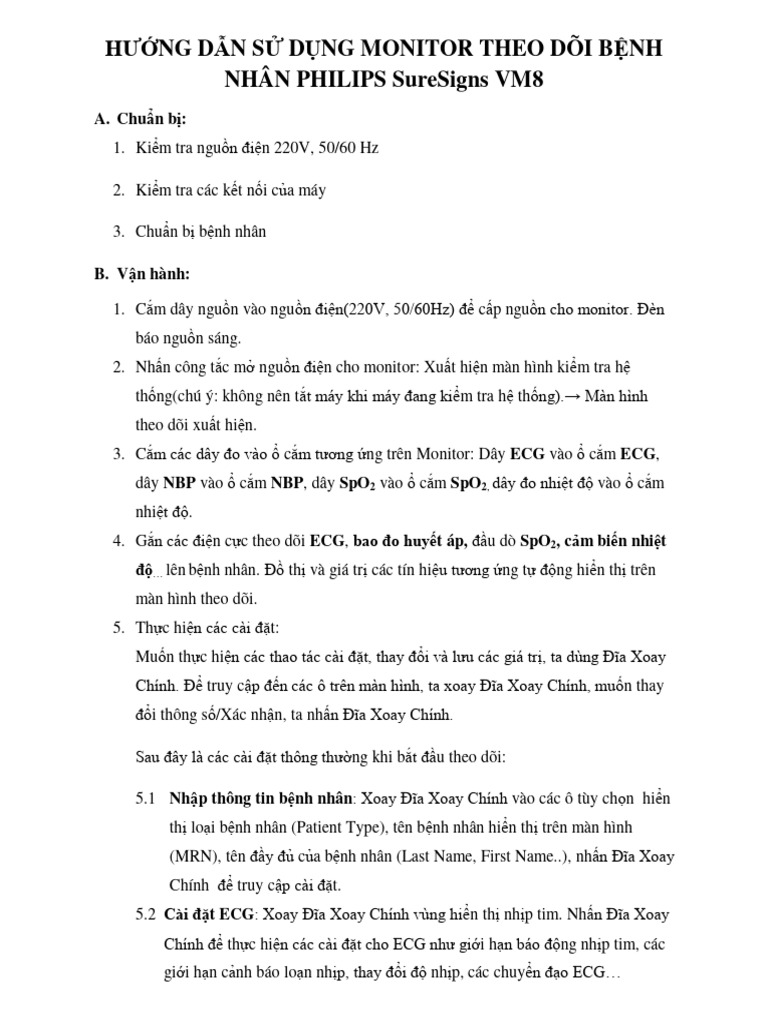 Hướng Dẫn Sử Dụng Monitor Theo Dõi Bệnh Nhân Philips Suresigns Vm8 | PDF