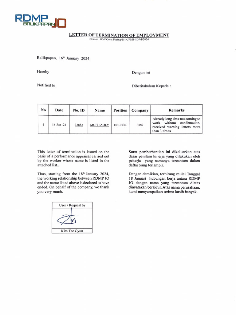 Termination Letter-16 January 2024 | PDF