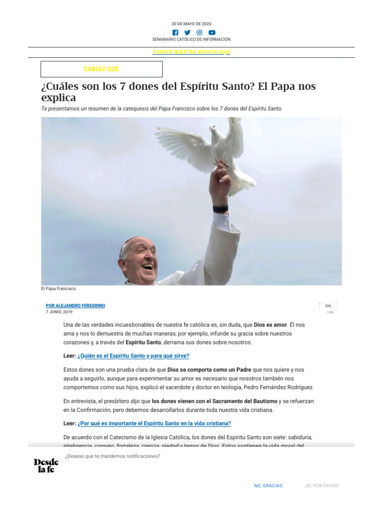 ¿Cuáles Son Los 7 Dones Del Espíritu Santo - El Papa Nos Explica | PDF | espíritu Santo | Fe