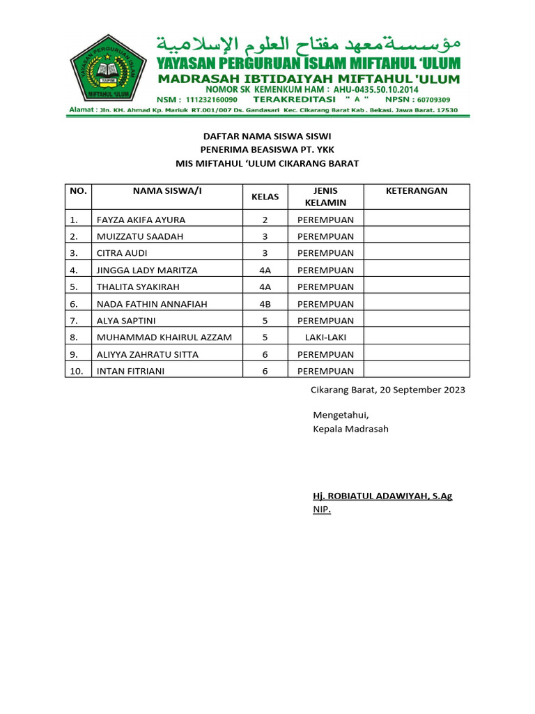 Daftar Nama Siswa Siswi Beasiswa | PDF