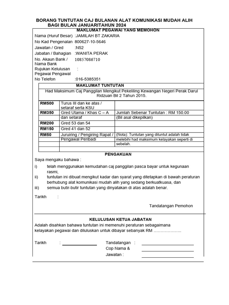Borang Tuntutan Caj Bulanan Alat Komunikasi Mudah Alih - Latest | PDF