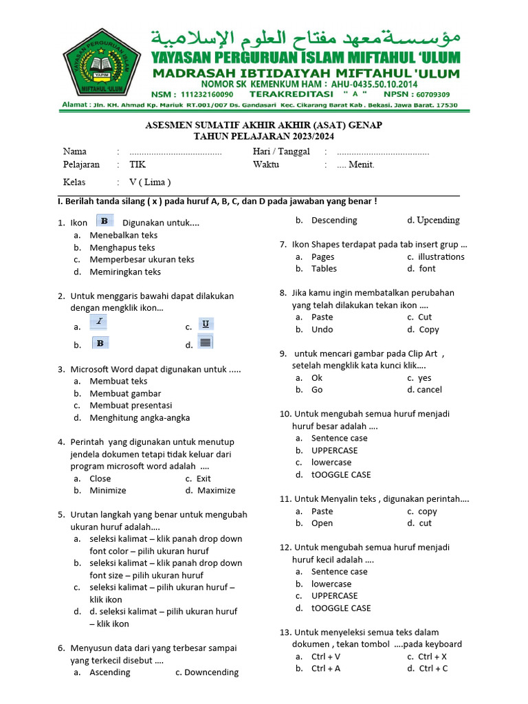 Soal Tik Kelas 5 Asat Genap | PDF | Komputer