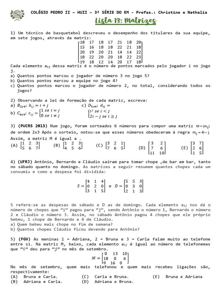 Lista 13 - MATRIZES - Com Gabarito | PDF