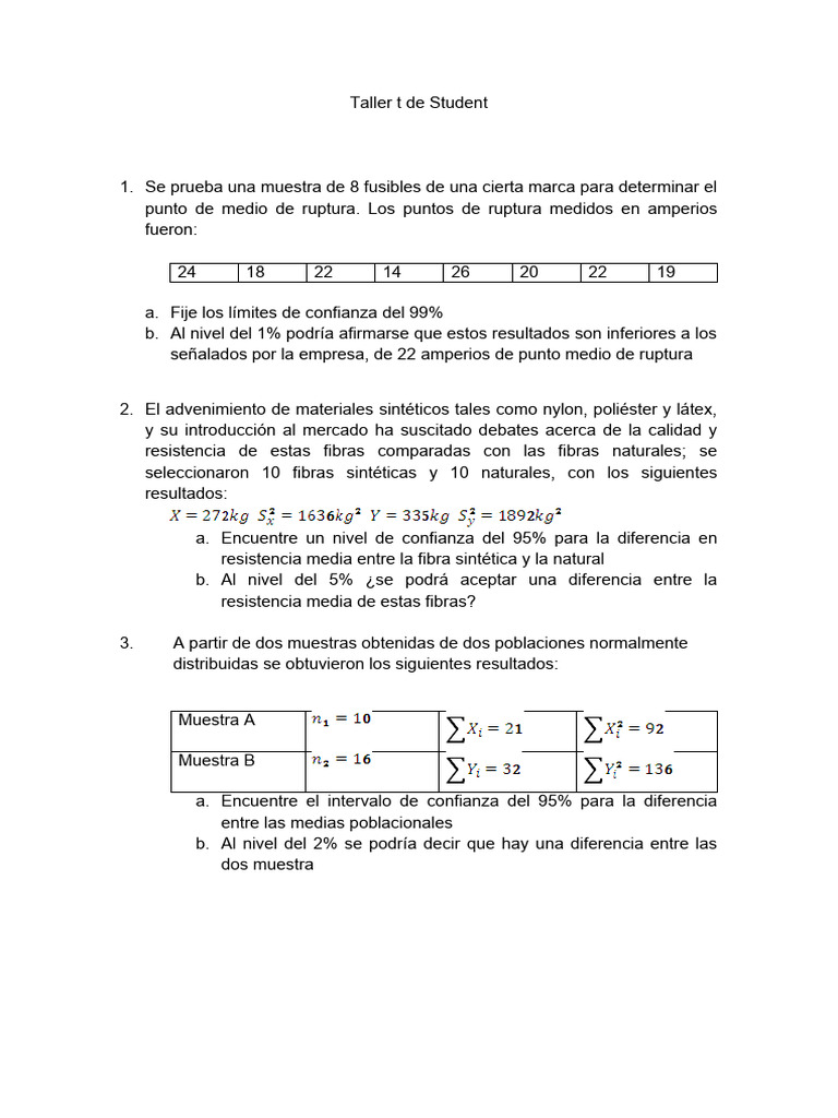 Ejercicios T de Student | PDF | Intervalo de confianza