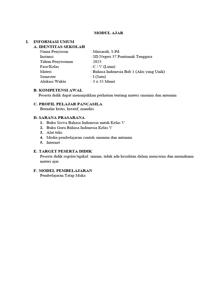 Modul Ajar Atau RPP Bahasa Indonesia Sinonim Dan Antonim | PDF | Karier ...
