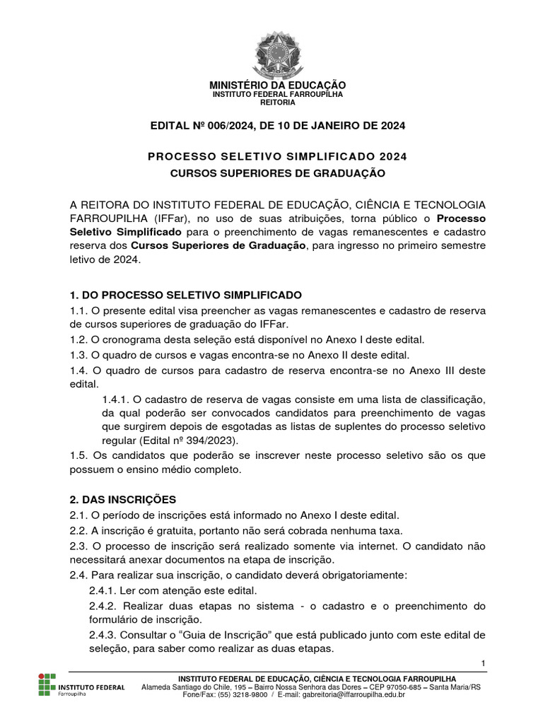 Processo Seletivo Simplificado IFFar 2024 | PDF | Diploma de bacharel
