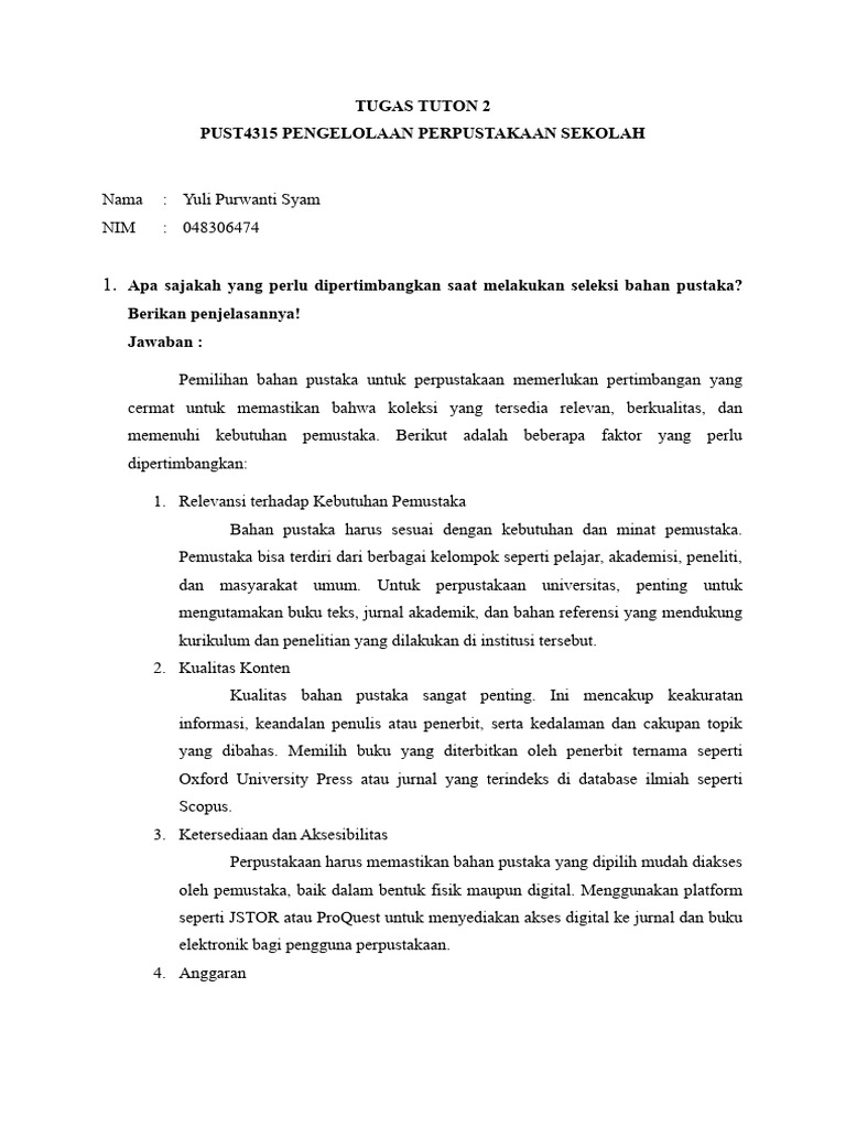 Tugas 2 Pengelolaan Perpustakaan Sekolah | PDF