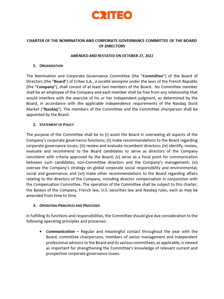 Nomination and Corporate Governance Committee Charter As of October ...