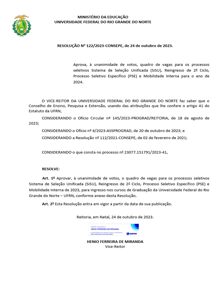Res1222023-Aprova o Quadro de Vagas para Os Processos Seletivos Sistema ...