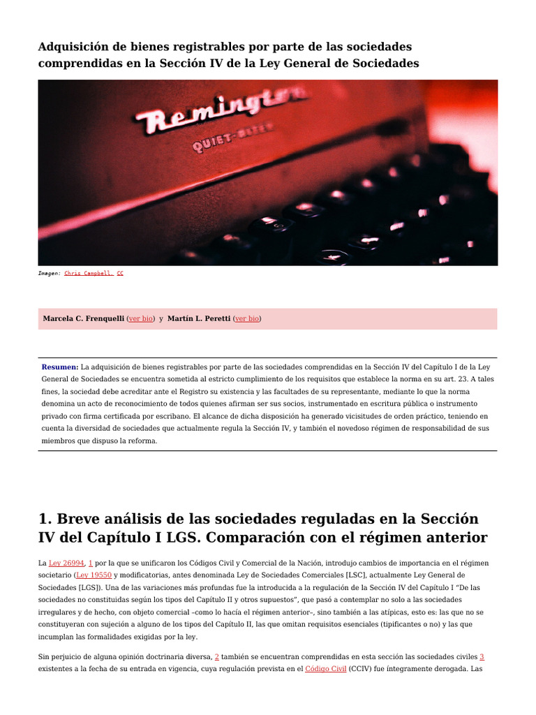 Adquisicion de Bienes Registrables Por Parte de Las Sociedades Comprendidas en La Seccion IV de ...