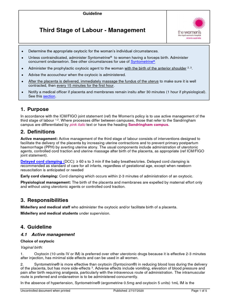 Third Stage Labour Management Guideline - 280720 | PDF | Childbirth ...
