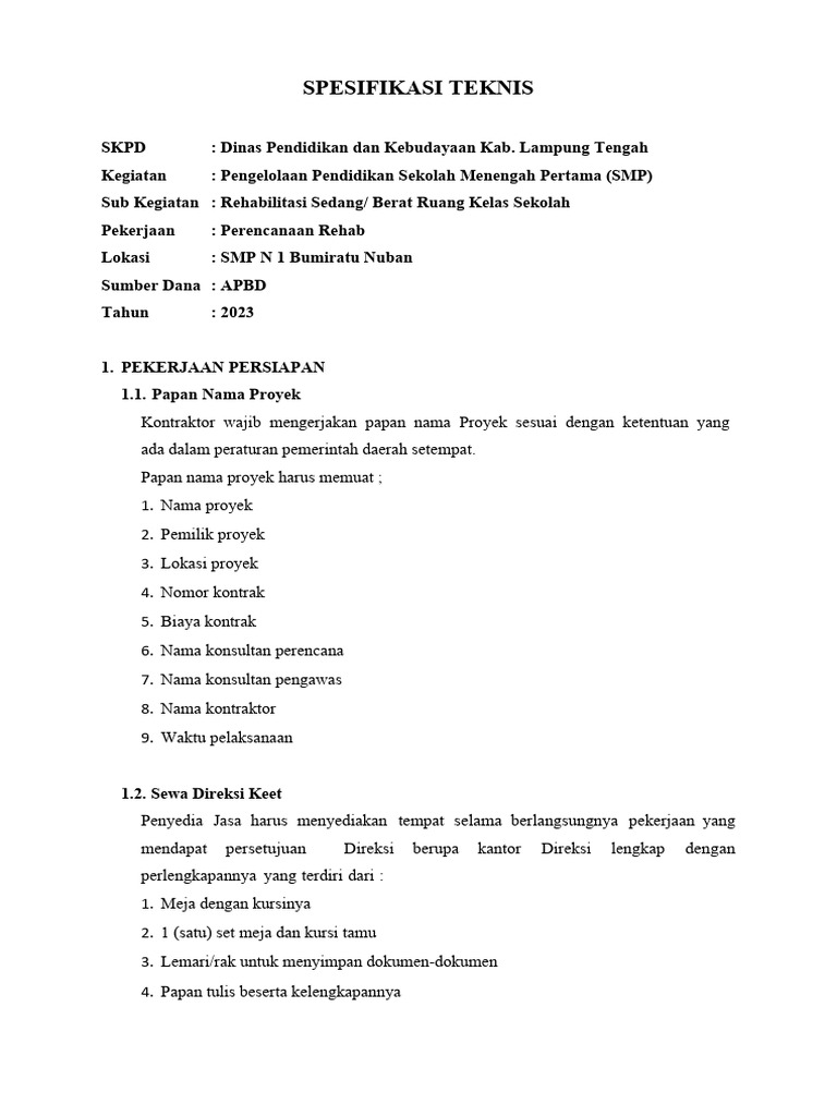 Spesifikasi Teknis SMP N 1 Bumiratu Nuban | PDF | Griya & Taman | Teknologi & Rekayasa