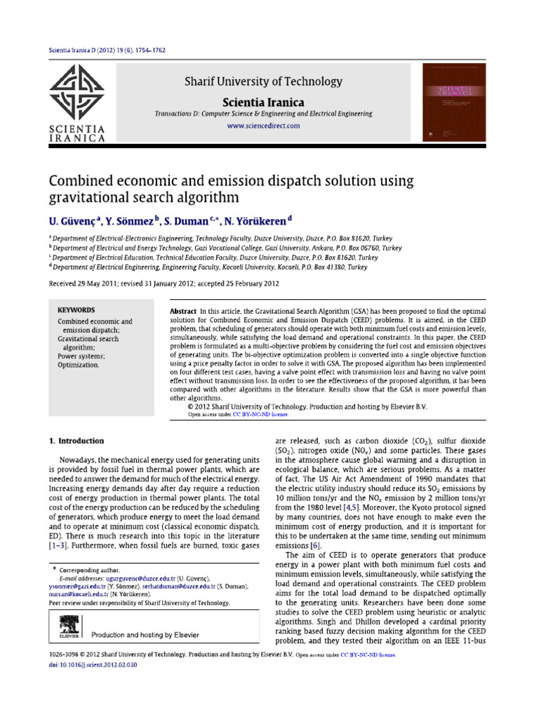 3 Combined Economic and Emission Dispatch Solution Using Gravitational Search Algorithm | PDF