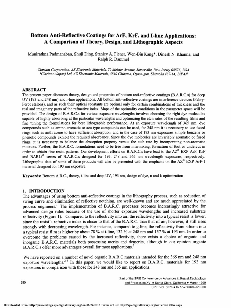 Bottom Anti-Reflective Coatings For ArF, KRF, and I-Line Applications | PDF | Polymers ...