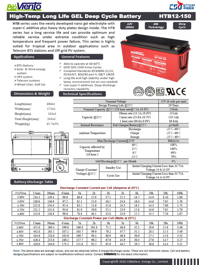 HTB12-150 High Temp Deep Cycle Gel Battery | PDF | Electricity | Energy ...