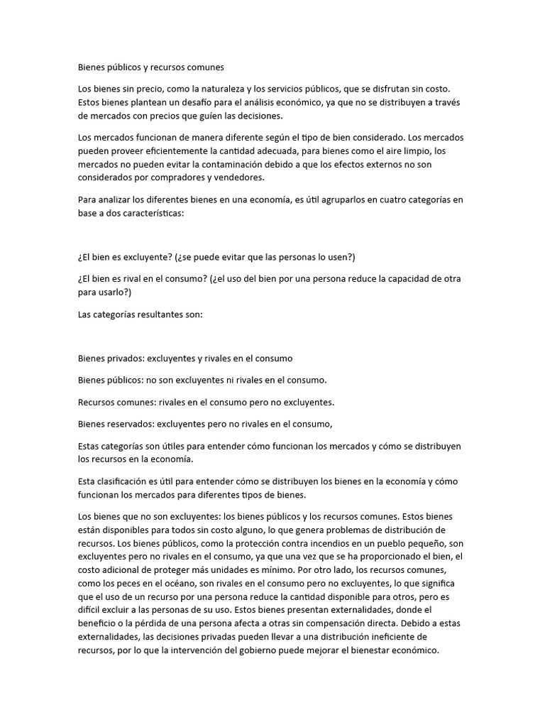 Bienes Públicos y Recursos Comunes RESUMENES | PDF | Bienes | Exterioridad