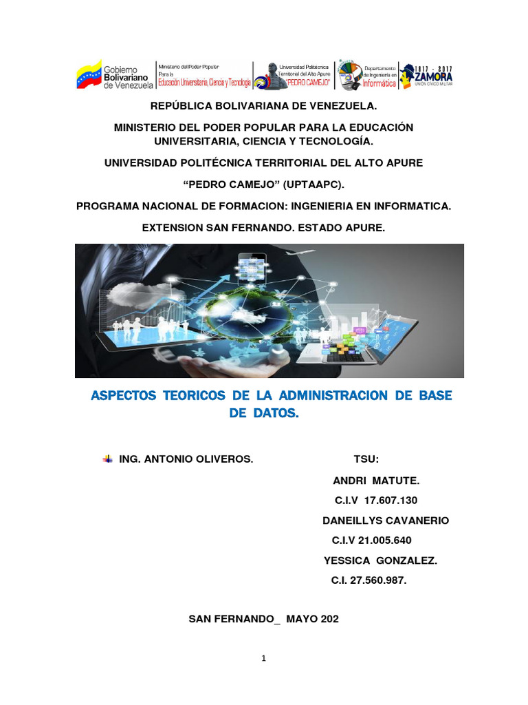 unidad 1 ADMBD ASPECTOS TEORICOS DE LA ADMINISTRACION DE LA BASE DE DATOS | PDF | Bases de datos ...