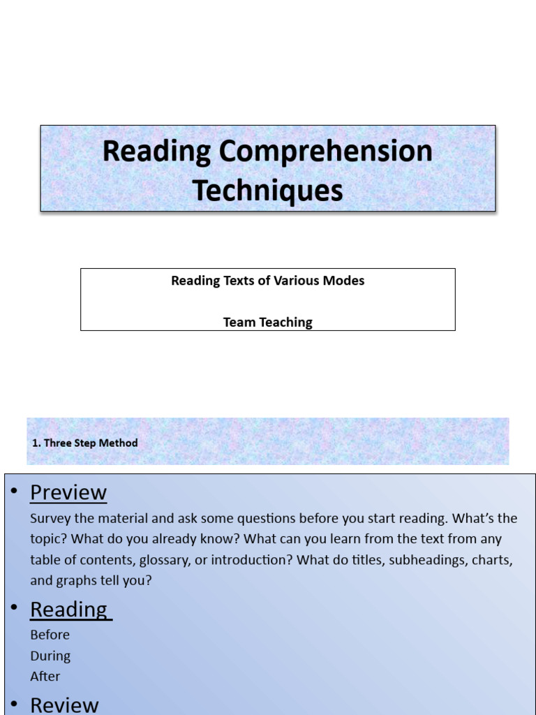 Reading Comprehension Techniques | PDF | Speed Reading | Reading Comprehension