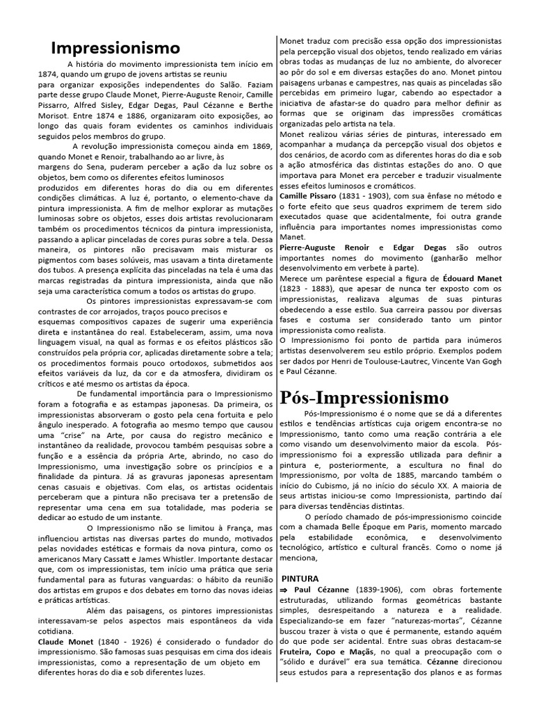 Impressionismo - 2 Ano - Imprimir | PDF | Impressionismo | Pinturas