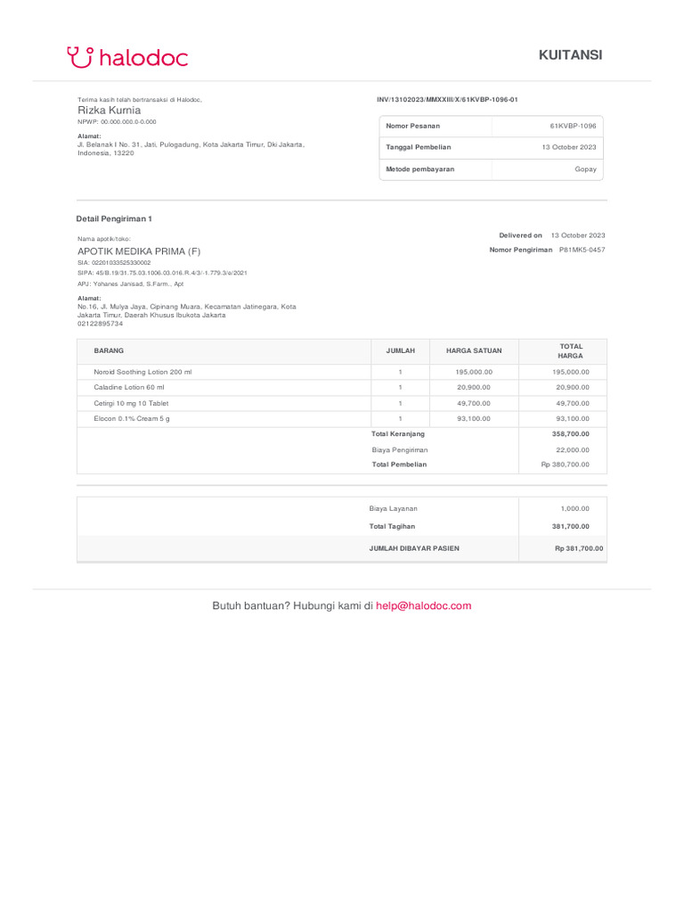 Kuitansi Pembelian Halodoc | PDF