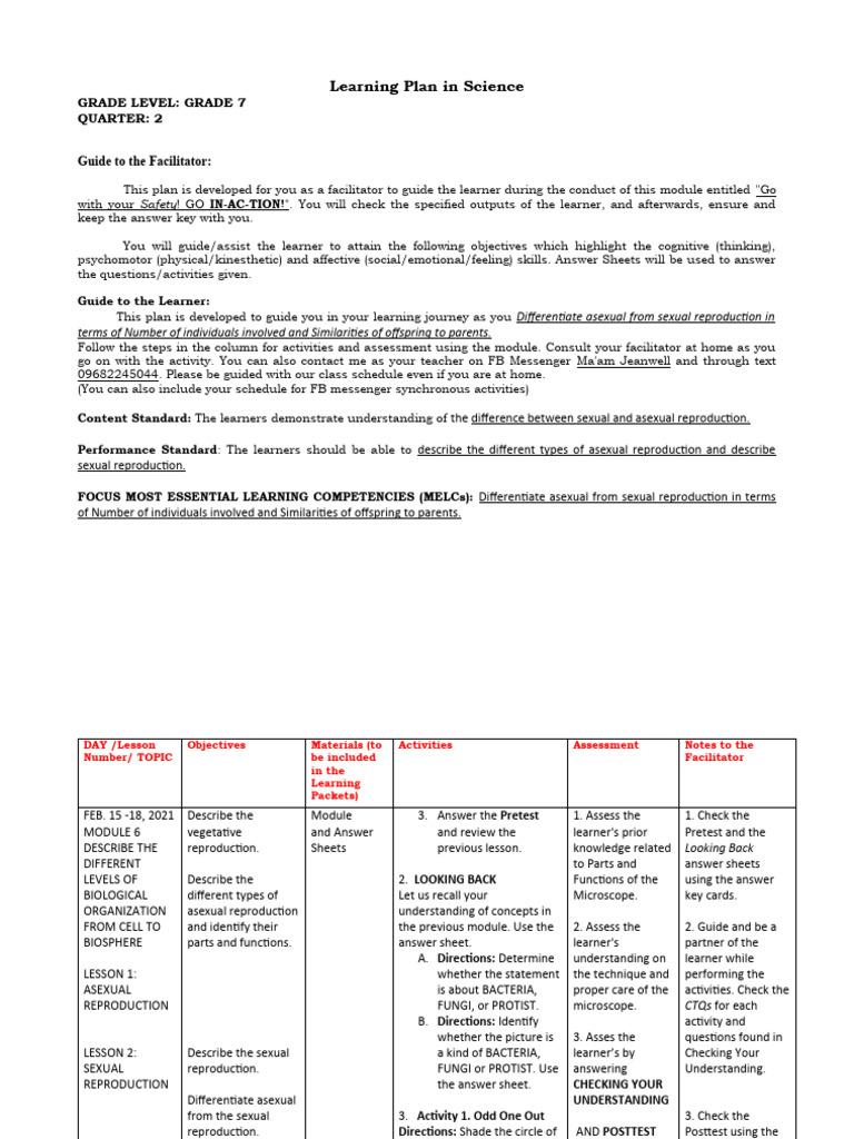 Grade 7 Science Learning Plan: Reproduction | PDF | Learning | Sexual ...