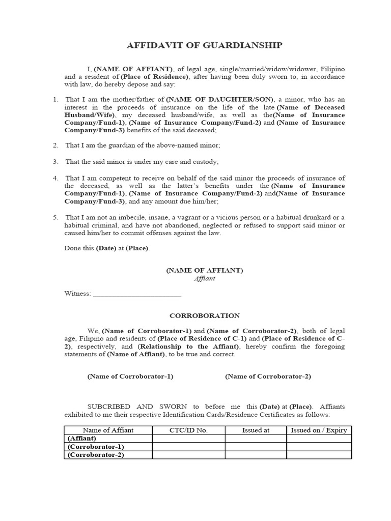 Affidavit of Guardianship Template | PDF | Law