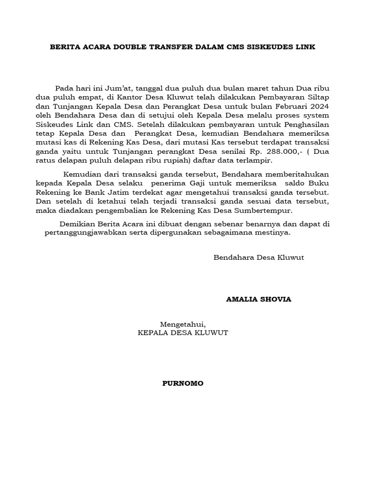 Berita Acara Pengembalian Kelebihan Transfer | PDF