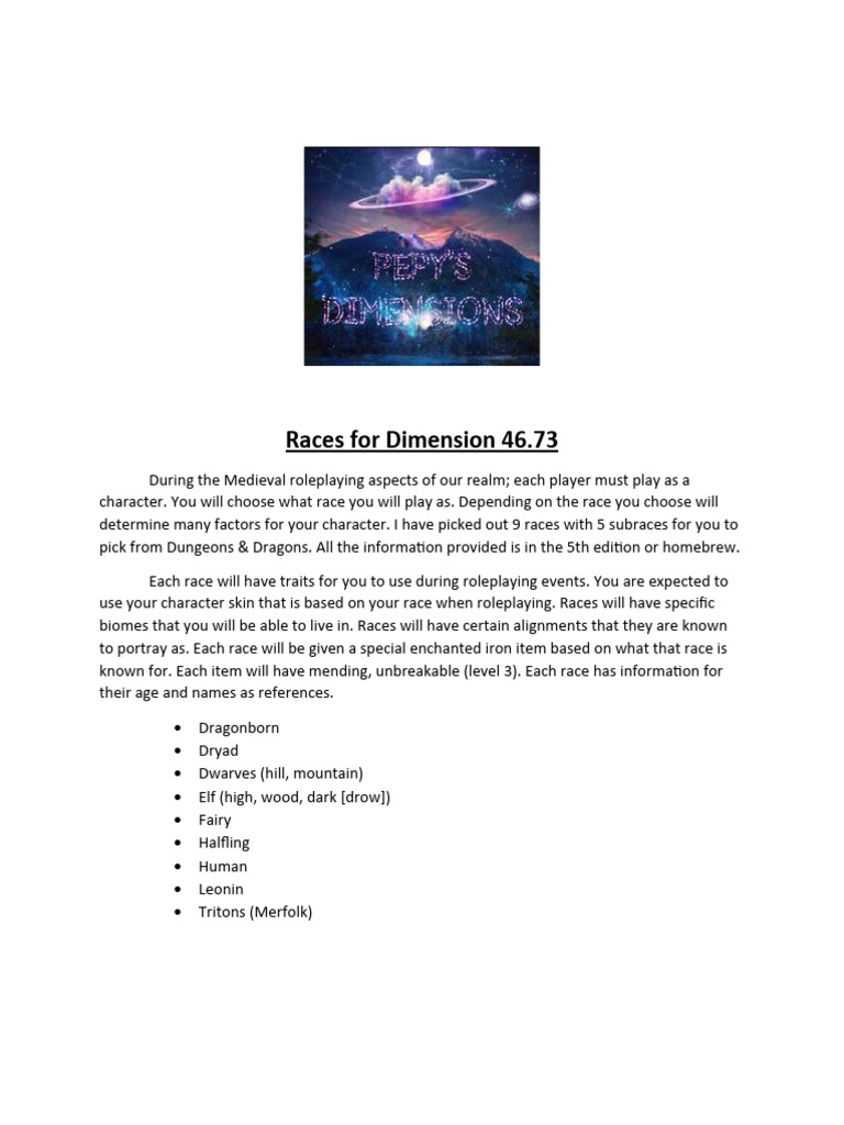 Races For Dimension 46.73 | PDF | Dwarf (Dungeons & Dragons) | Elves