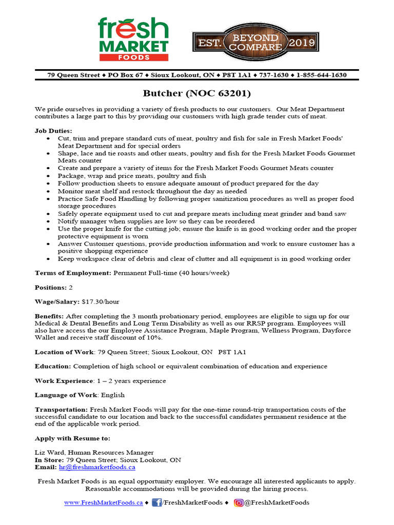 Butcher NOC 63201 | PDF | Employment | Meat