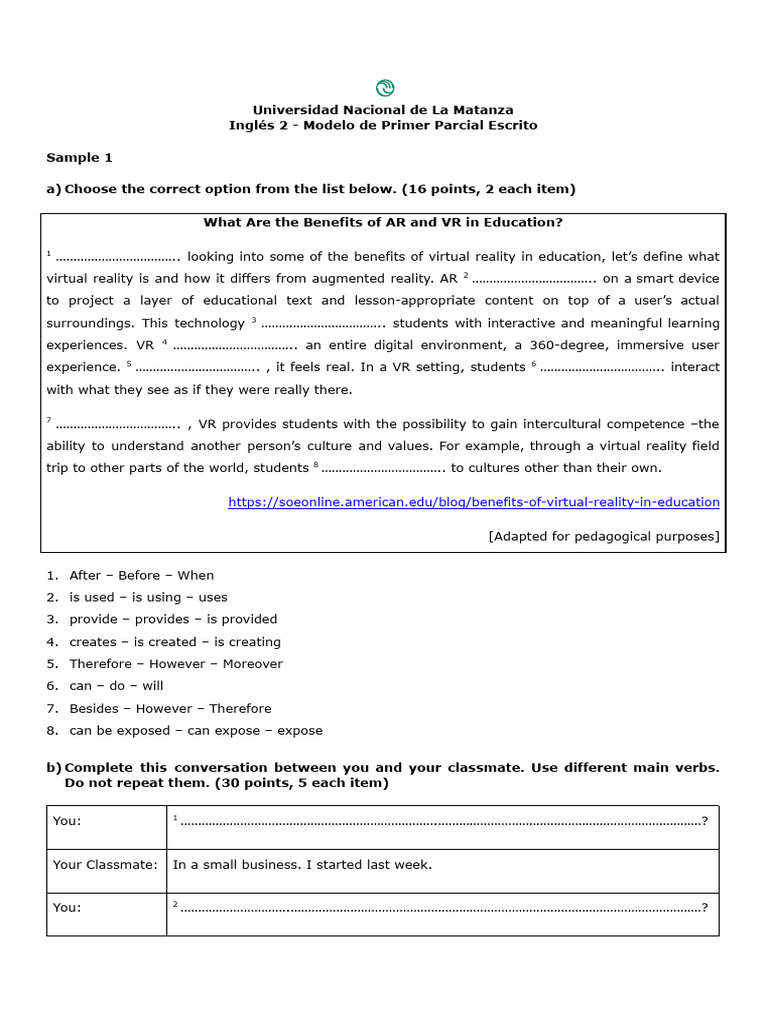 INGLES-2---MODELO-1---PARCIAL-ESCRITO---SAMPLE-1 | Descargar gratis PDF | Asunto (gramática) | Verbo