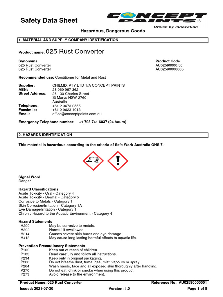 025 Rust Converter-SDS - Aust | PDF | Dangerous Goods | Personal Protective Equipment