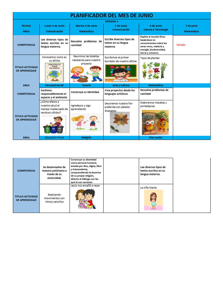 Propuesta Planificador Semanal Del Mes de Junio Iii Ciclo | PDF ...