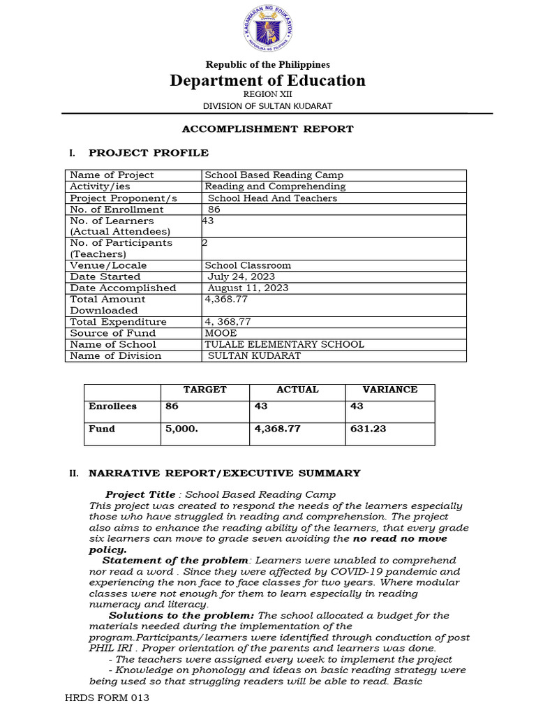 School-Based Reading Camp Report | PDF | Reading Comprehension | Pedagogy